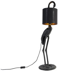 Vintage stojací lampa černá s látkovým odstínem černá - Crane bird
