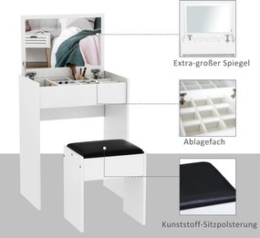 HOMCOM Skládací Toaletní Stolek se Zrcadlem, Moderní Toaletní Stolek se Stoličkou a Úložným Prostorem (10 Přihrádek), Bílý MDF, 60,2 x 40,2 x 79 cm
