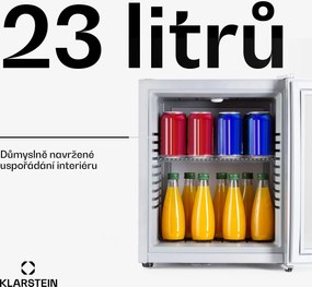 Klarstein Brooklyn 24, mini lednice, 24 l, energetická třída E, skleněné dveře, LED, police, stříbrná