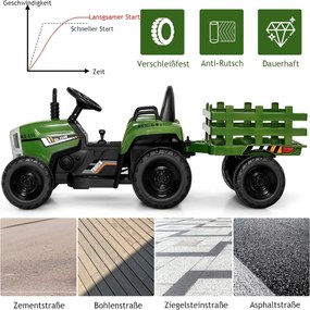 Costway 12 V dětský traktor s odnímatelným přívěsem a dálkovým – tmavě zelená