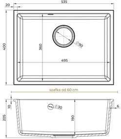 Sink Quality Crypton 60, kuchyňský granitový dřez 535x400x205 mm + černý sifon, bílá, SKQ-CRY.W.1KBO.60.XB