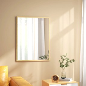 HOMCOM Obdélníkové Zrcadlo na Stěnu 90 x 70 cm, dřevěný rám, ideální do koupelny, obývacího pokoje nebo ložnice, přírodní