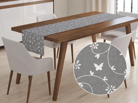 Biante Bavlněný běhoun na stůl Sandra SA-050 Drobné bílé květiny a motýlci na šedém 20x180 cm
