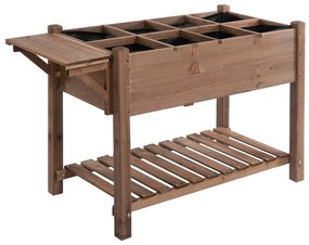Vyvýšený záhonový truhlík Outsunny 123x54x74cm s 8 rošty a skládací policí z masivního dřeva v hnědé barvě pro zahradu a terasu | Aosom.de