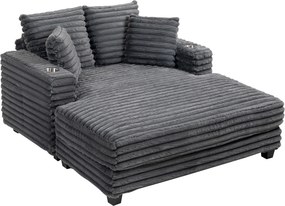 HOMCOM rozkládací pohovka pro 2 osoby s chaise, šedý kordurový potah, polštářky, područky s držáky na nápoje – 134 × 151 × 89 cm