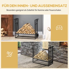 HOMCOM Stojan na palivové dřevo s krbovým nářadím 75 x 30 x 60 cm, černý ocelový stojan na palivové dřevo, skladování palivového dřeva a krbové nářadí