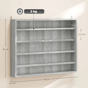 HOMCOM Vitrína na zeď 80 x 9,5 x 60 cm se 4 nastavitelnými policemi a 2 posuvnými skleněnými dveřmi, pro sbírku miniatur a aut, šedá