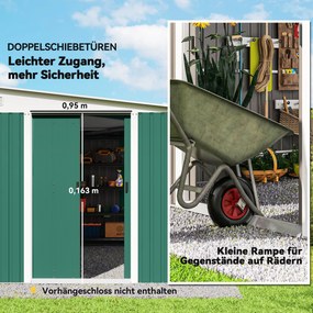 Outsunny Kovový zahradní domek se šikmou střechou a zamykatelnými dvojitými dveřmi 2,8 x 3,45 x 2,01 m, zelený