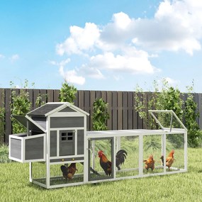 PawHut Venkovní Kurník Dřevěný Velký Kurník pro 3-6 Kurech s Hnízdící Buzerací a Asfaltovou Střechou 297,5x68x118 cm Šedý a Bílý