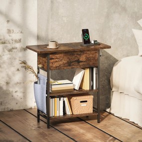 HOMCOM Odkládací stolek, noční stolek s elektrickou lištou, 2 patra, USB porty, úložný prostor 60 x 29,8 x 58,5 cm, rustikální hnědý