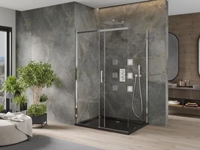 Mexen Omega, sprchový kout s posuvnými dveřmi 120 (dveře) x 80 (stěna) cm, 8mm čiré sklo, chromový profil + slim sprchová vanička černá + chromový sifon, 825-120-080-01-00-4070