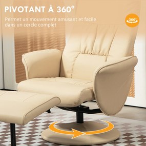 HOMCOM Relaxace Křeslo s Podnožkou - Otáčecí Křeslo 360° s Polohovatelným Opěradlem pro TV, Nosnost do 120 kg, Syntetický Potah, Béžové