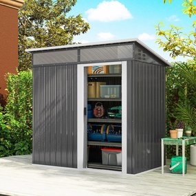 Outsunny Kovový Šopík 1,9m² 195x122x182cm Skladový Šop s Podlahou, Šikmou Střechou, Oknem, Posuvnými Dveřmi, Háčky, Rukavicemi, Odolný Proti Počasí p…