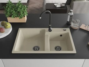 Mexen Tomas, granitový dřez 800x500x190 mm, 2-komorový, béžová s černým sifonem, 6516802000-69-B