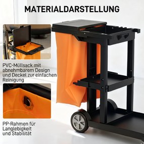 HOMCOM třípatrový úklidový vozík s krytým odpadním pytlem, rukojetí a tichými kolečky — profesionální uklízecí vozík, 121 x 50,5 x 100 cm, černý