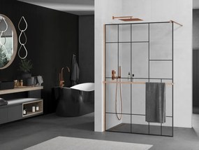 Mexen Kioto+, sprchová zástěna Walk-In s poličkou a věšákem 100 x 200 cm, 8mm čiré sklo černý vzor, ​​měděný matný profil, 800-100-121-65-78