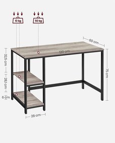 Psací stůl 120x60 cm, počítačový stůl se 2 policemi na levé nebo pravé straně, greige