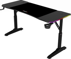Výškově nastavitelný herní stůl ERACER H1214 — 140x60 cm, kov, melamin, černá, RGB podsvícení