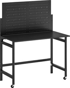 HOMCOM skládací pracovní stůl na kolečkách, 115 x 62 x 143,5 cm, pracovní deska s nástěnným panelem a 12 háčky, silná MDF, ocelový rám, nosnost 120 kg