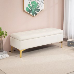 HOMCOM Lavice s úložným prostorem čalouněná lavice sametový vzhled kovové nohy lavice do obývacího pokoje ložnice předsíně 120 x 44,5 cm béžová
