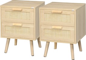 HOMCOM Set 2 Nočních Stolků, Boční Stoly, 2 Zásuvky s Ratanovými Předními Stranami, Boho Styl, Noční Stolky, Nohy z Přírodního Borového Dřeva