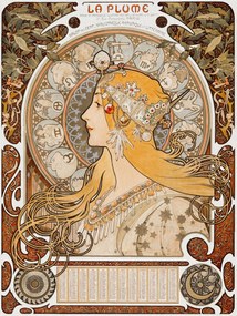 Obrazová reprodukce La Plume, Female Portrait (Vintage Art Nouveau Lady in Gold) - Alphonse / Alfons Mucha, (30 x 40 cm)