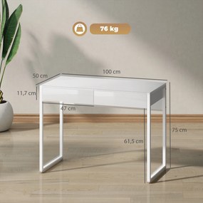 HOMCOM Psací stůl 100 x 50 cm, počítačový stůl, kancelářský stůl se 2 zásuvkami, pro malé prostory, bílý
