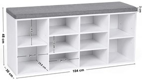 Botník s lavicí a polštářem bílý 104×30×48 cm – 10 přihrádek