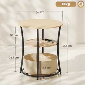HOMCOM Odkládací stolek 3patrový konferenční stolek s nabíjecí stanicí, látková úložná taška, odkládací plocha, 50x50x55,1 cm, přírodní dřevo
