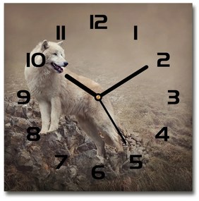 Wallmuralia Skleněné hodiny čtverec Bílý vlk na skále 30x30 cm
