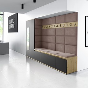 Eka Předsíňová stěna s čalouněnými panely Trinity 9 - Dub Artisan s černou / Světle hnědá 2306