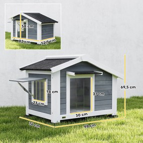 Dřevěná bouda pro psy odolná proti povětrnostním vlivům s odnímatelnou podlahou asfaltová střecha otevírací okno 98x76x69,5 cm šedá