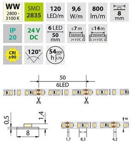LED pásek McLED 24V teplá bílá CRI90 š=8mm IP20 9,6W/m 120LED/m SMD2835 ML-126.840.60.2