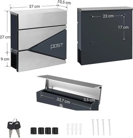 Moderní poštovní schránka s držákem na noviny 10,5x37x37 cm, antracit a stříbrná