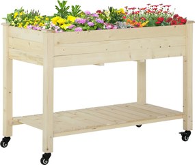 Outsunny Zvednutý městský zahradní stůl 118x55x83 cm Dřevěné zvýšené lůžko se policí Geotextilní látka Kola s brzdami Přenosné pro zahradničení na ter