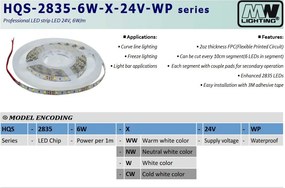 LED pásek MW Lighting PRO HQS-2835-6W-W-24V-WP 24VDC 510lm, 6-8000K, 6W, 5m