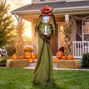 HOMCOM Animovaný vyskočivý dýňový kostlivec, 173 cm, strašidelná halloween dekorace se světlem a aktivací zvukem a dotekem