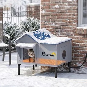 PawHut Venkovní vyhřívaný dům pro kočky Vodotěsný Zvýšená podlaha 5 cm Vyhřívací polštář 55°C 51 x 41 x 55 cm Světle šedá