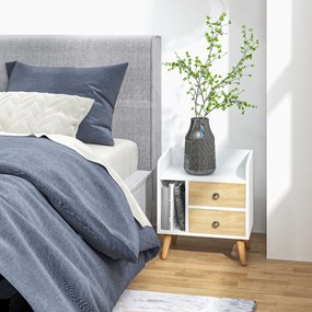 HOMCOM Noční stolek s 2 velkými šuplíky a 1 otevřenou policí a vyvýšenými borovicovými nohami v nordickém designu pro obývací pokoj a ložnici 43x30x49