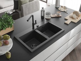 Mexen Hektor, 2-komorový granitový dřez 800x480x205 mm, černá skvrnitá, grafitový sifon, 6521802000-76-B