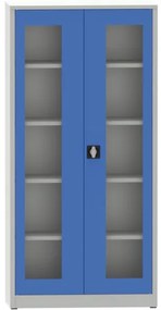 Kovona Svařovaná policová skříň s prosklenými dveřmi, 1950 x 950 x 600 mm, šedá/modrá