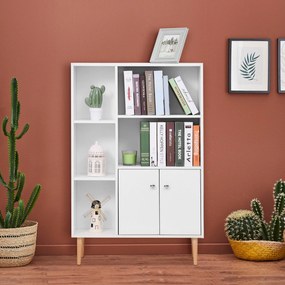 HOMCOM Skandinávská Knihovna s Úložným Prostorem, rozměry 80 Š x 23,5 H x 123 V cm, 5 nik, skříňka, 2 dveře, zúžené nohy z masivního borovicového dře…