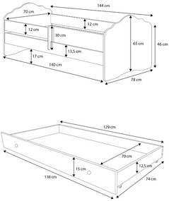 ADRK Postel CASIMO CAT, CH-Cas-Barri-Cat-140-E121, 140x70 cm se zásuvkou, zábradlím a matrací, bílá/grafika