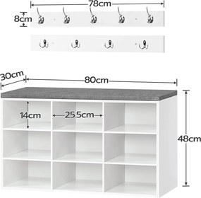 Předsíňový věšák s botníkem a sedákem Vasagle Jungo 80 cm bílý/šedý