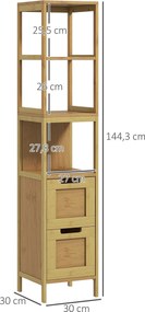 Kleankin Elegantní koupelnová sloupová skříňka 30L x 30W x 144H cm se 3 policemi a 2 zásuvkami z přírodního bambusu | Aosom