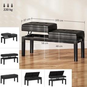 HOMCOM Nastavitelný hudební stolička s úložným prostorem, nosnost 220 kg, umělá kůže, černá, 105 x 37 x 48-58 cm
