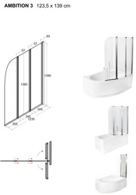 BESCO Vanová zástěna AMBITION 3 BARVA rámu - Chrom/Leštěný hliník (ALU), Rozměr A - 123.5 cm, Směr zavírání - Univerzální Levé / Pravé, Výplň - Čiré bezpečnostní sklo - 4 mm - BCAMB3CC