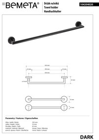 Bemeta Design DARK: Držák ručníků, 450 mm -