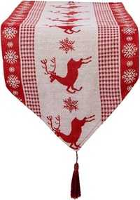 Béžovo-červený běhoun se střapcem a jeleny Christmas Rustic - 33*180 cm