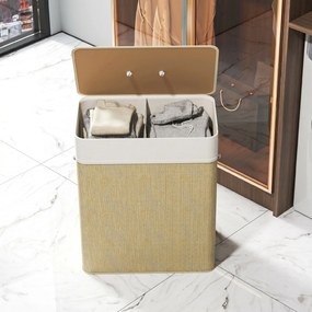 HOMCOM Bambusový koš na prádlo s víkem 100L Koš na prádlo se 2 přihrádkami a vyjímatelným vnitřním pytlem pro laundry room a ložnici 52x32x63 cm Přír…